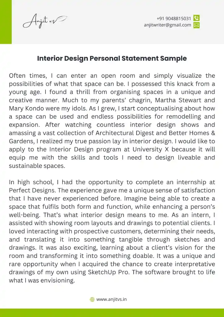 Interior Design Personal Statement Examples Sample PDF